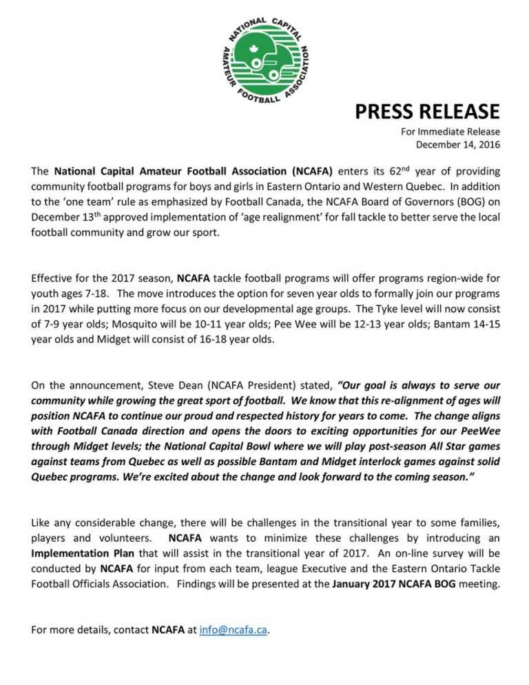 NCAFA Press Release – Bell Warriors